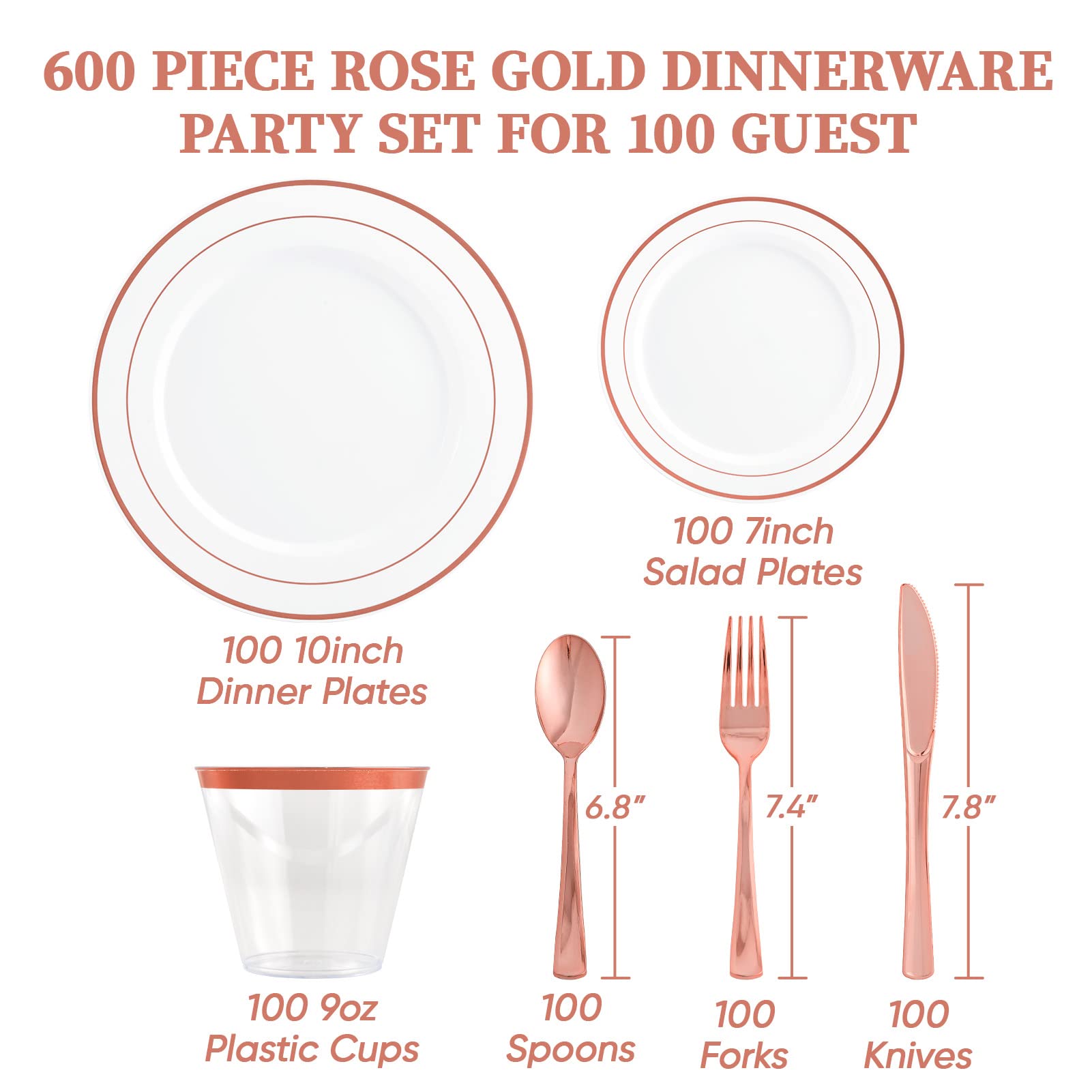 FOCUSLINE 600pcs Rose Gold Dinnerware Set for 100 Guests, Rose Gold Rim Plastic Plates Disposable, 100 Dinner Plates, 100 Salad Plates,100 Cups,100 Silverware Set for Wedding Parties