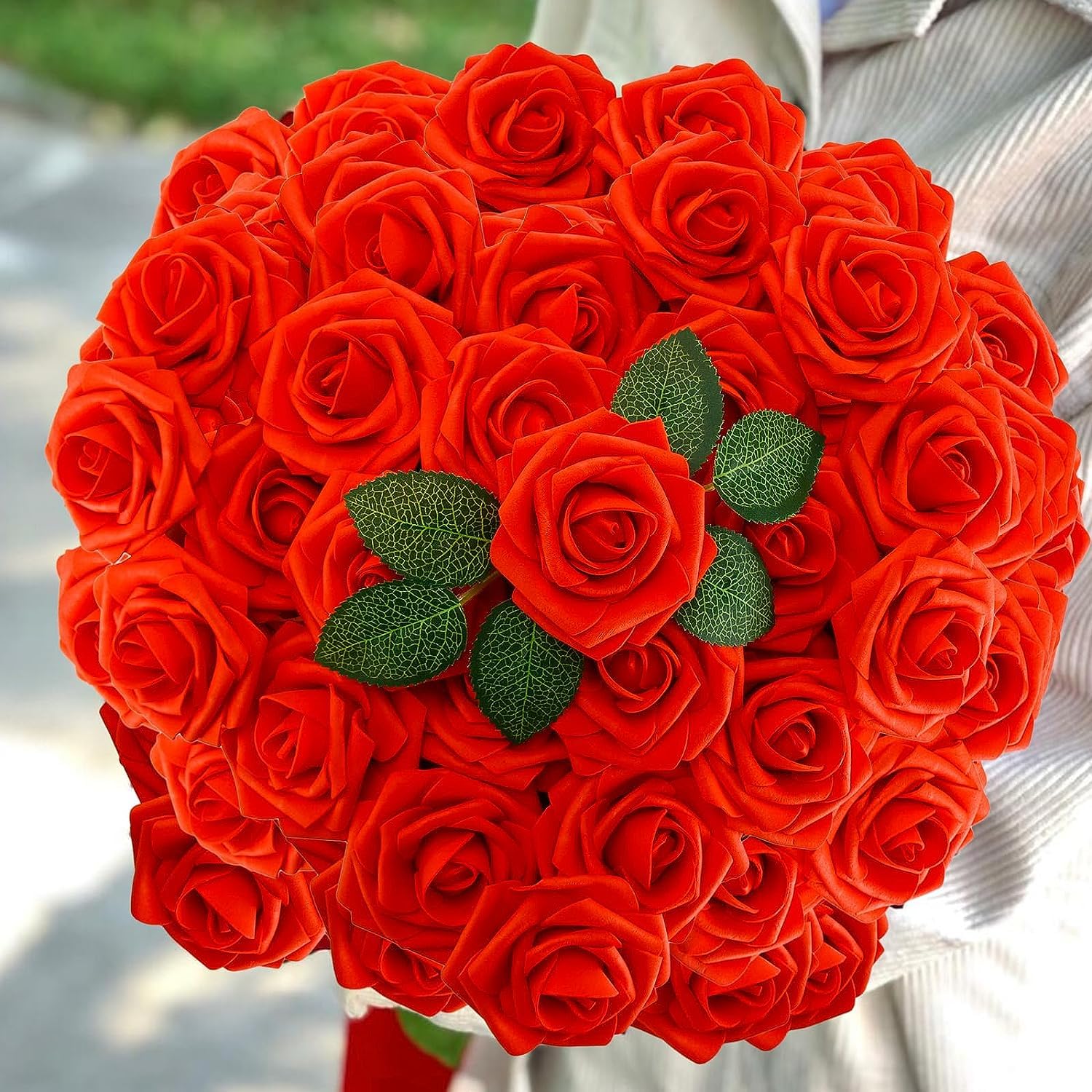 Isquene Red Roses Artificial Flowers with Long Stem Real Touch Fake Foam Roses for Decoration DIY Wedding Bouquets Centerpieces Bridal Shower Mothers Day Party Flower Arrangements Home Decor