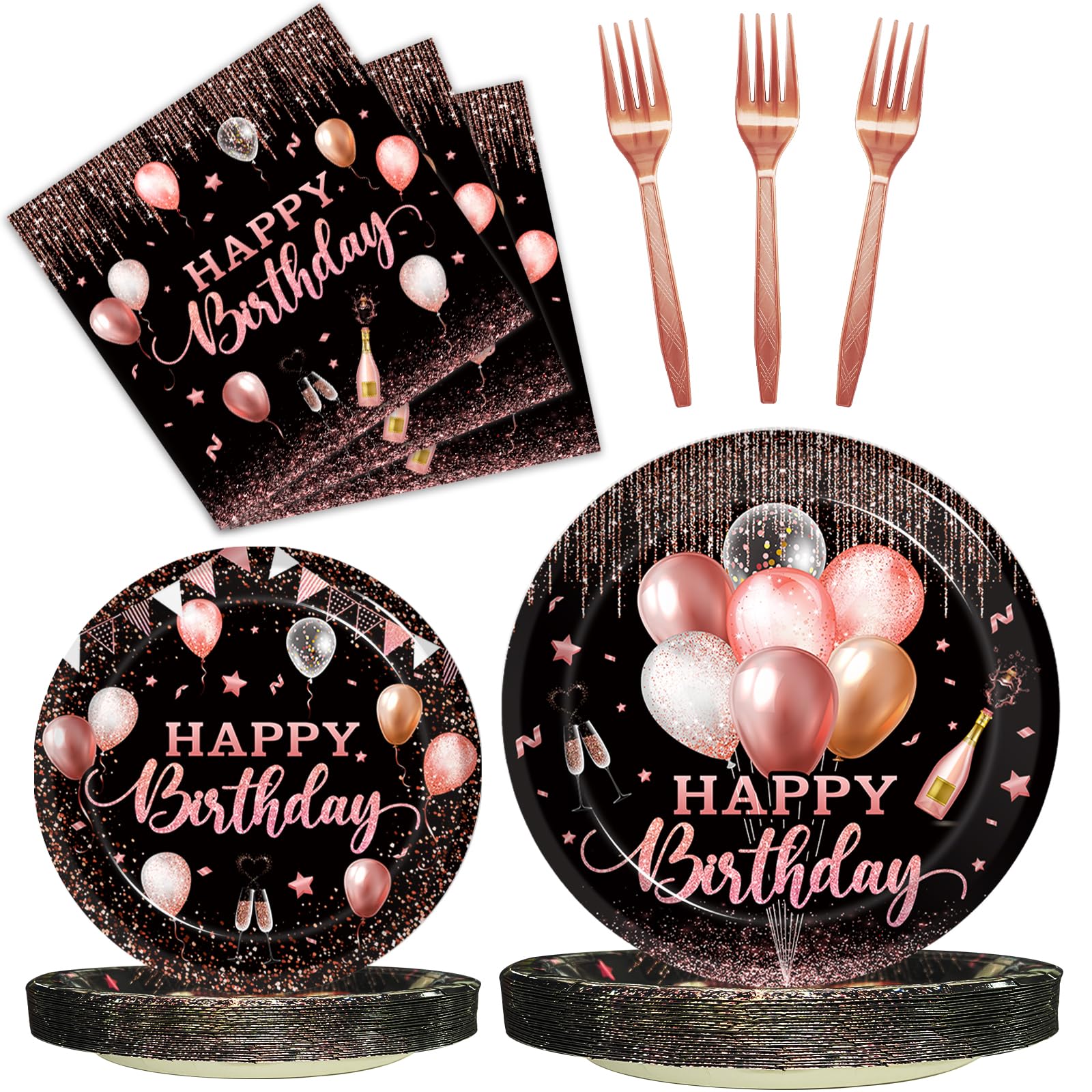 Kepeel 96 Pcs Rose Gold Birthday Plates and Napkins Party Supplies for Women Paper Pink Girls Glitter Happy Birthday Party Disposable Tableware Set Decorations Favors, Serves 24