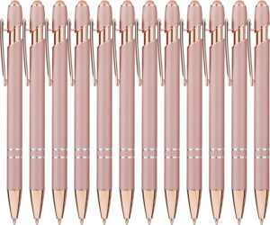 linfanc 12 pack rose gold ballpoint pen with stylus tip, 1.0 mm black ink smooth writing pens, metal stylus pens for touch screens