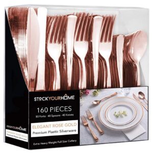 rose gold plastic silverware set (160 bulk pack) disposable cutlery utensils, 80 forks, 40 knives, 40 spoons, heavy duty rose gold flatware for holidays, parties, dinners, weddings, and occasions