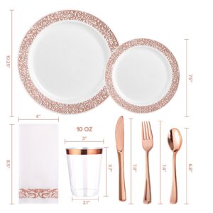 175 Piece Rose Gold Dinnerware Set 25 Guest-50 Rose Gold Lace Plastic Plates-25 Rose Gold Plastic Silverware-25 Rose Gold Plastic Cups-25 Rose Gold Paper Napkins, FOCUSLINE Disposable Dinnerware Set