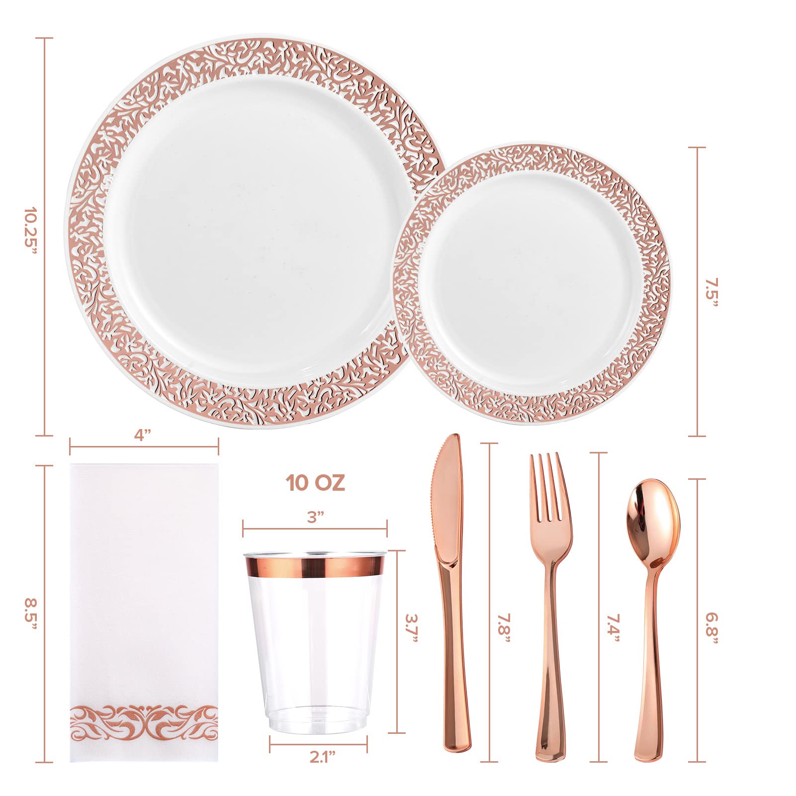 175 Piece Rose Gold Dinnerware Set 25 Guest-50 Rose Gold Lace Plastic Plates-25 Rose Gold Plastic Silverware-25 Rose Gold Plastic Cups-25 Rose Gold Paper Napkins, FOCUSLINE Disposable Dinnerware Set