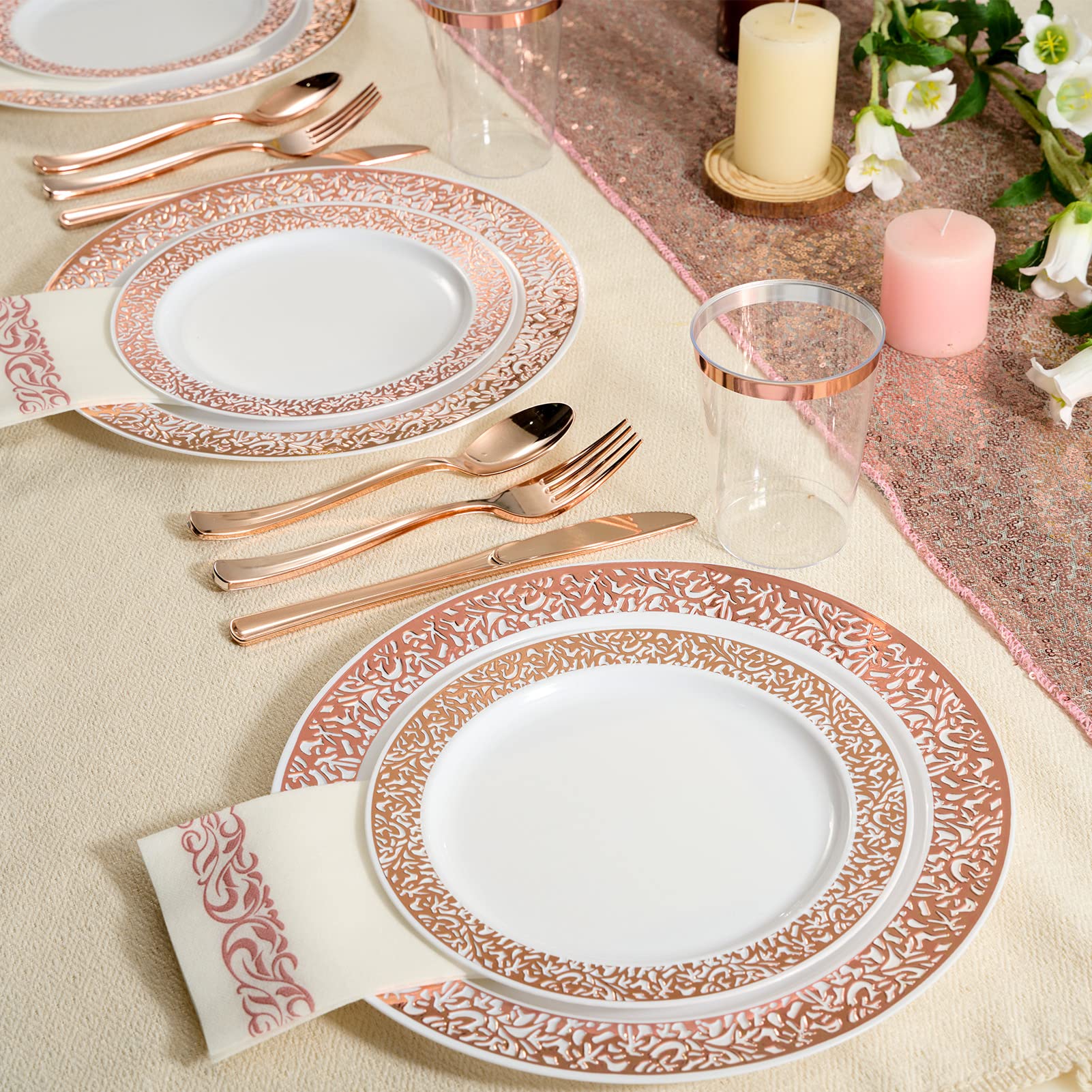 175 Piece Rose Gold Dinnerware Set 25 Guest-50 Rose Gold Lace Plastic Plates-25 Rose Gold Plastic Silverware-25 Rose Gold Plastic Cups-25 Rose Gold Paper Napkins, FOCUSLINE Disposable Dinnerware Set