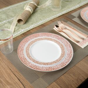 175 Piece Rose Gold Dinnerware Set 25 Guest-50 Rose Gold Lace Plastic Plates-25 Rose Gold Plastic Silverware-25 Rose Gold Plastic Cups-25 Rose Gold Paper Napkins, FOCUSLINE Disposable Dinnerware Set