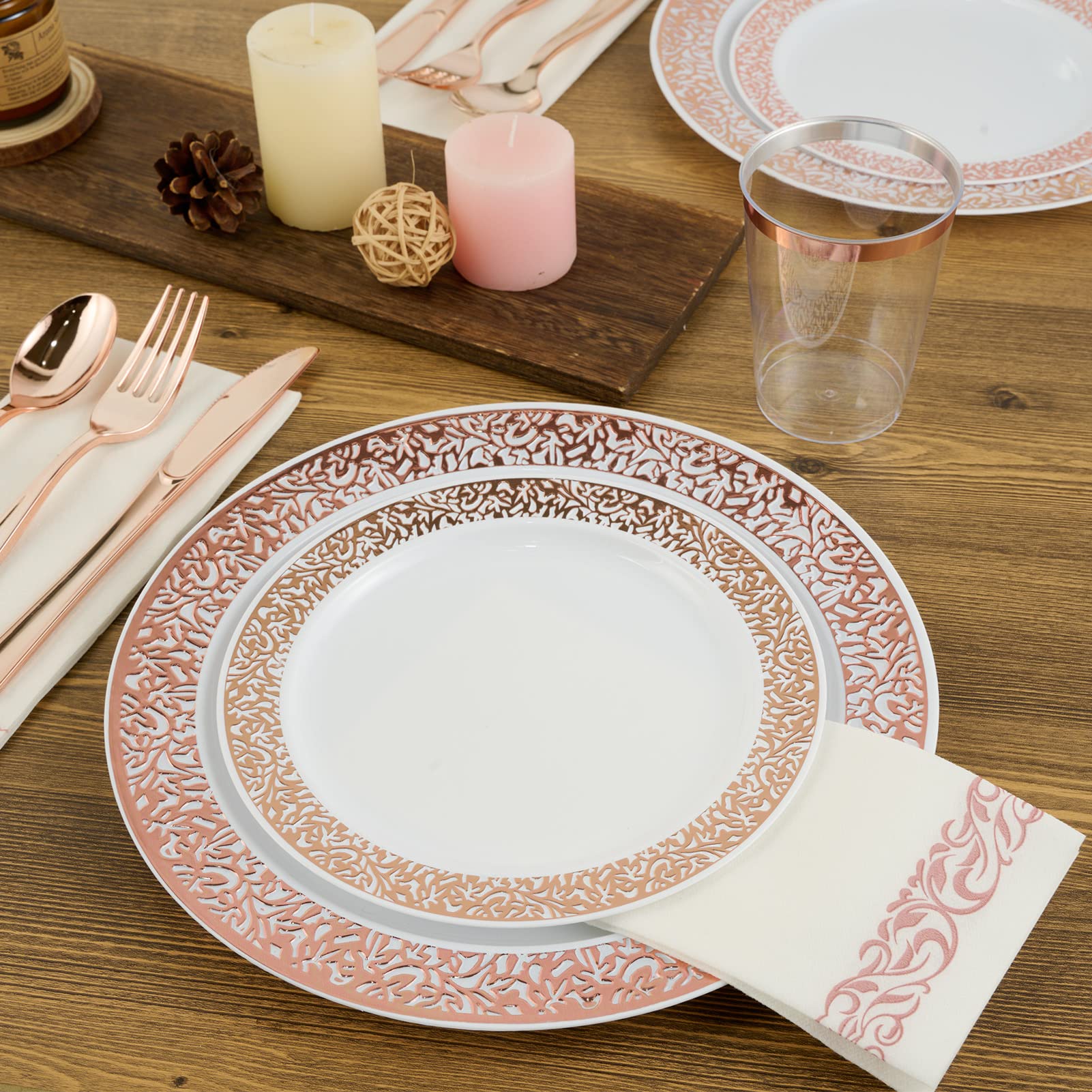 175 Piece Rose Gold Dinnerware Set 25 Guest-50 Rose Gold Lace Plastic Plates-25 Rose Gold Plastic Silverware-25 Rose Gold Plastic Cups-25 Rose Gold Paper Napkins, FOCUSLINE Disposable Dinnerware Set