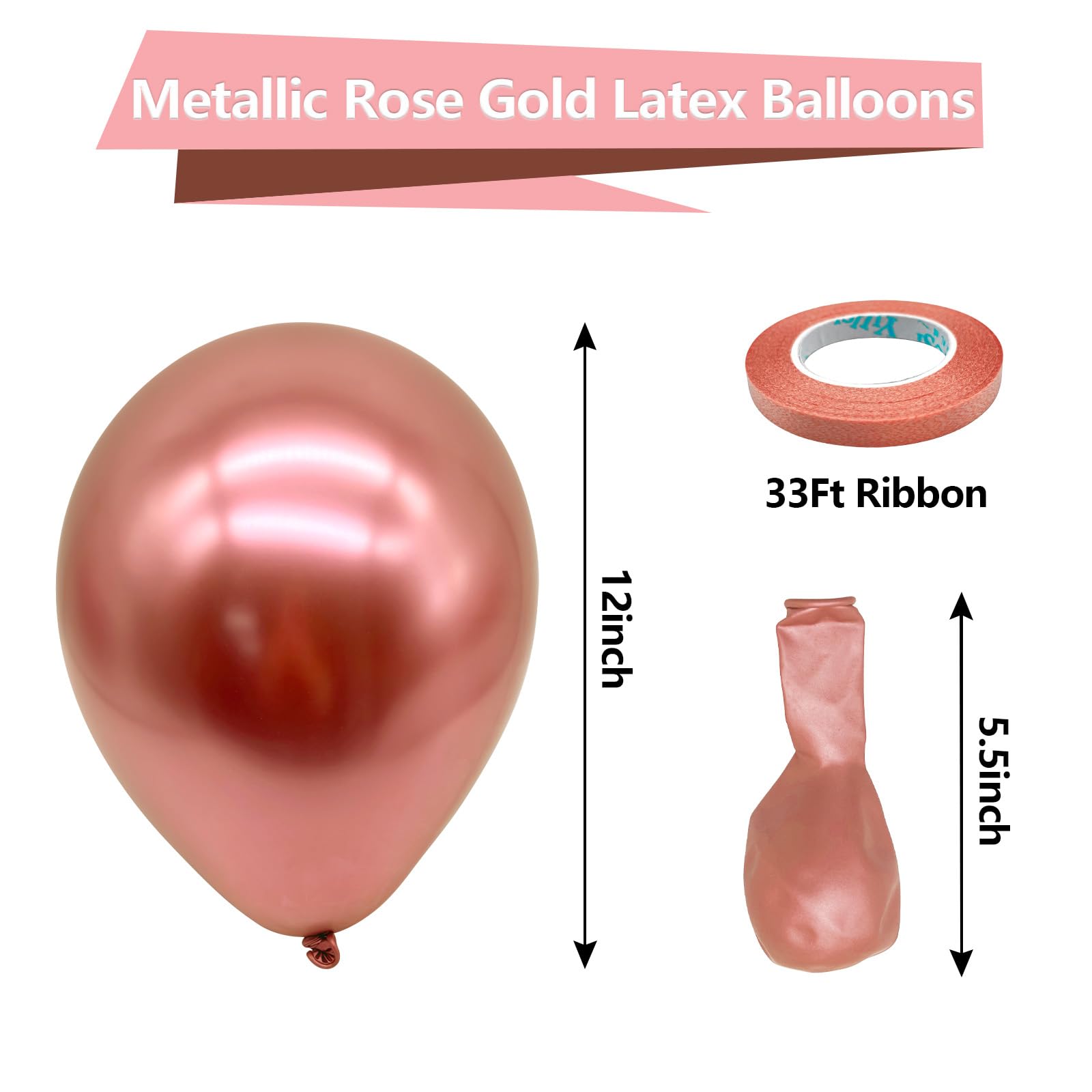 Bezente Rose Gold Metallic Chrome Balloons, 100 Pack 12 inch Rose Gold Latex Round Helium Balloons for Wedding Anniversary Baby Shower Birthday Party Decorations