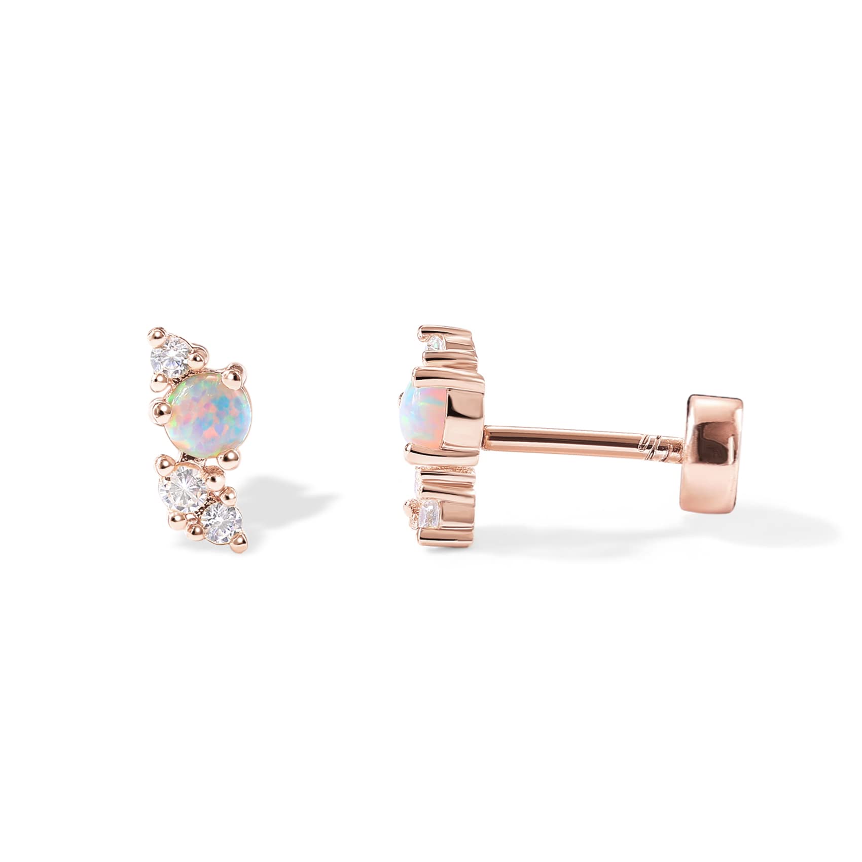 PAVOI 14K Rose Gold Plated Solid 925 Sterling Silver Post Cubic Zirconia Flat Back Earrings for Women | Opal Cartilage Earring | Helix Piercing Jewelry | Small Stud Earrings