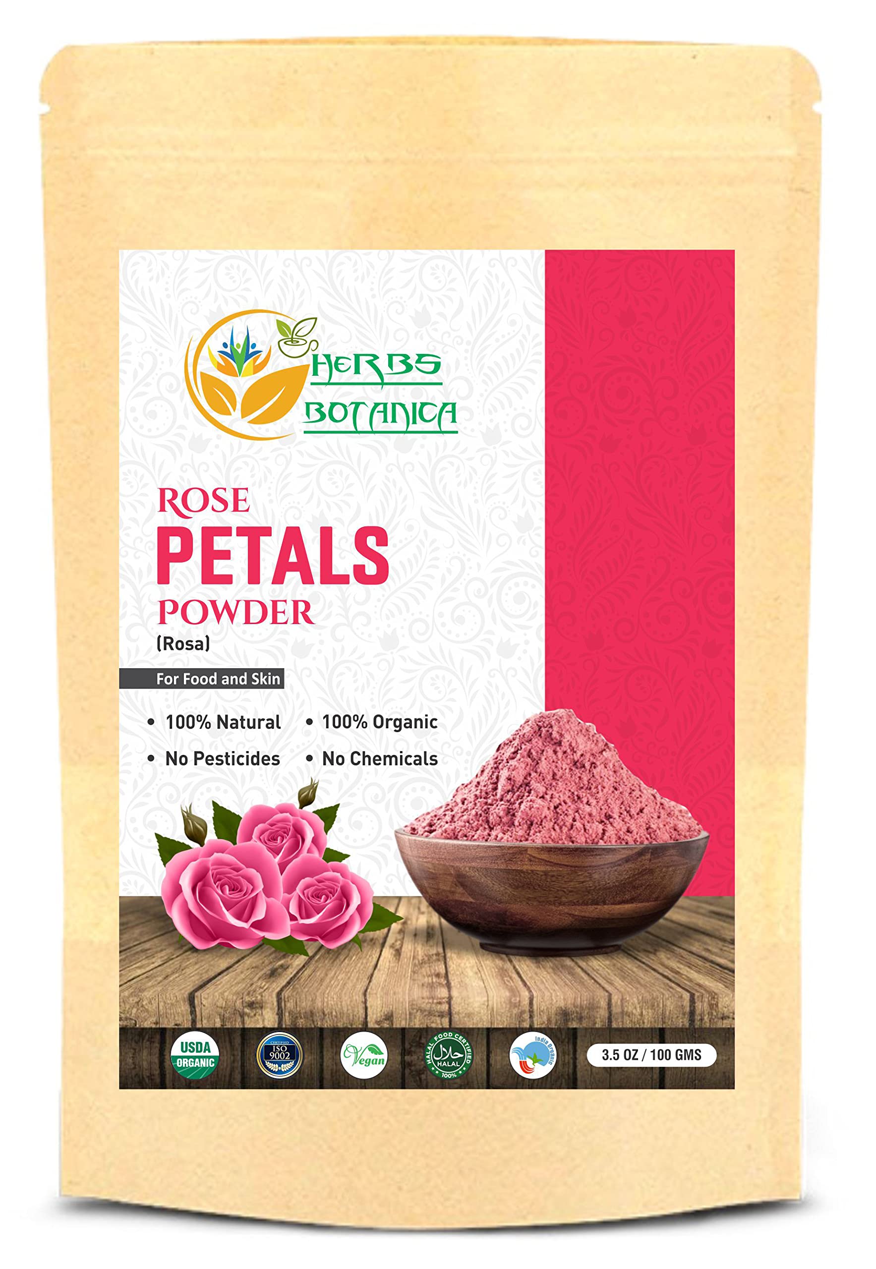 Herbs Botanica Rose Petal Powder Organic For Face Mask DIY masks | Skin Care, Aromatherapy | Natural and Chemical Free | No Added Preservatives or Colors 100g / 3.52 oz