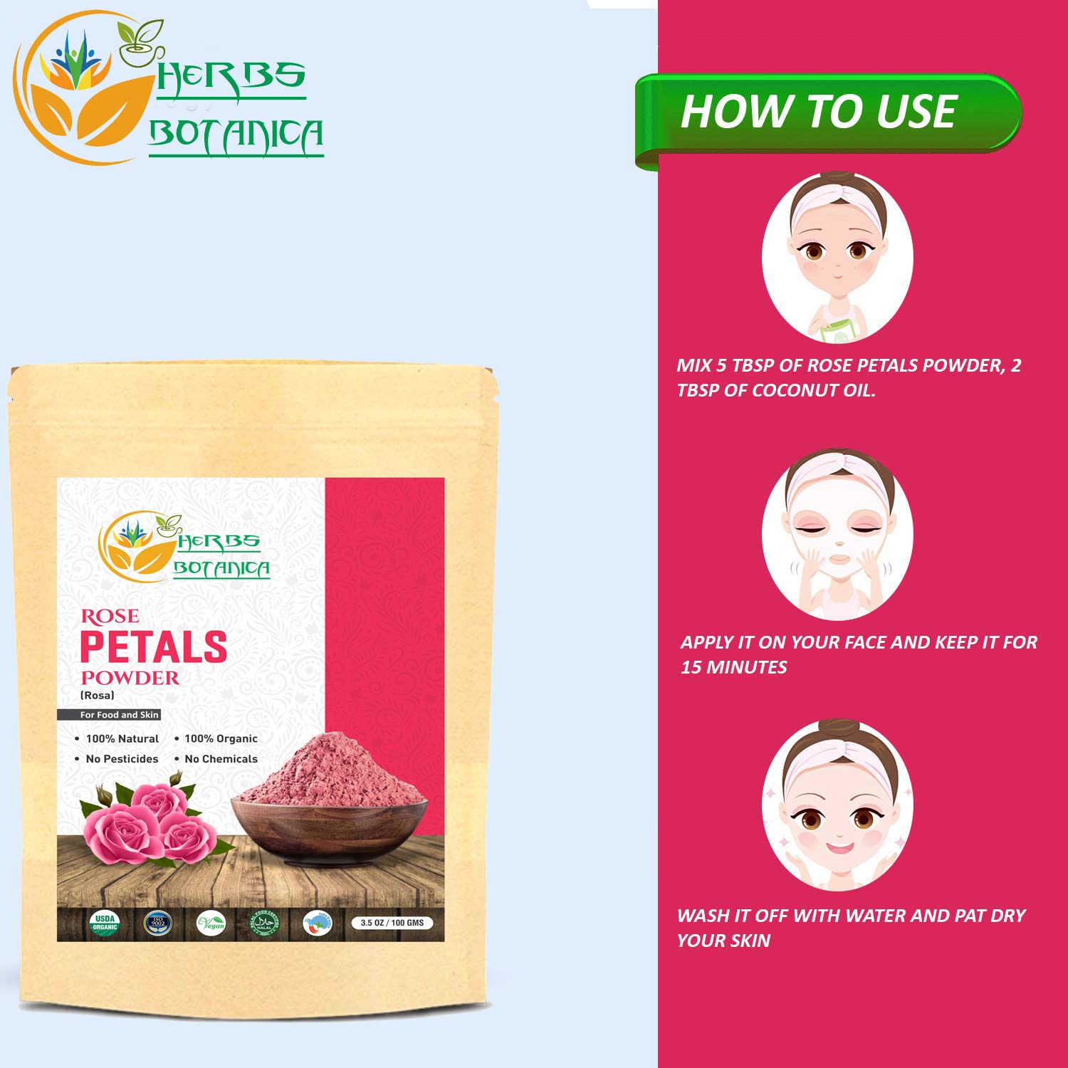 Herbs Botanica Rose Petal Powder Organic For Face Mask DIY masks | Skin Care, Aromatherapy | Natural and Chemical Free | No Added Preservatives or Colors 100g / 3.52 oz