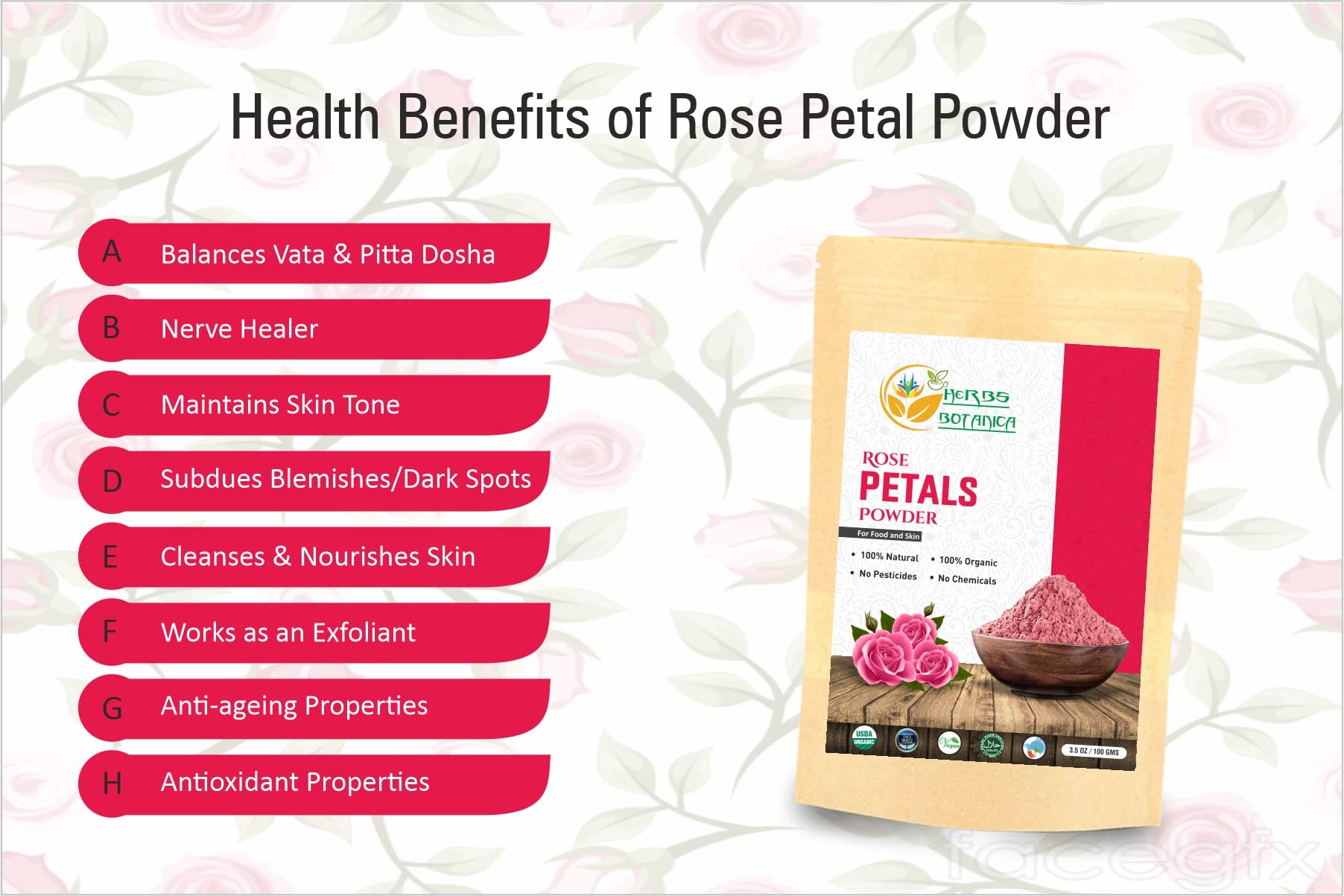 Herbs Botanica Rose Petal Powder Organic For Face Mask DIY masks | Skin Care, Aromatherapy | Natural and Chemical Free | No Added Preservatives or Colors 100g / 3.52 oz