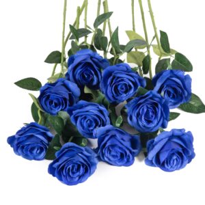 flojery 10pcs royal blue silk roses artificial rose flowers long stem for diy wedding bouquet table centerpiece home decor (royal blue)