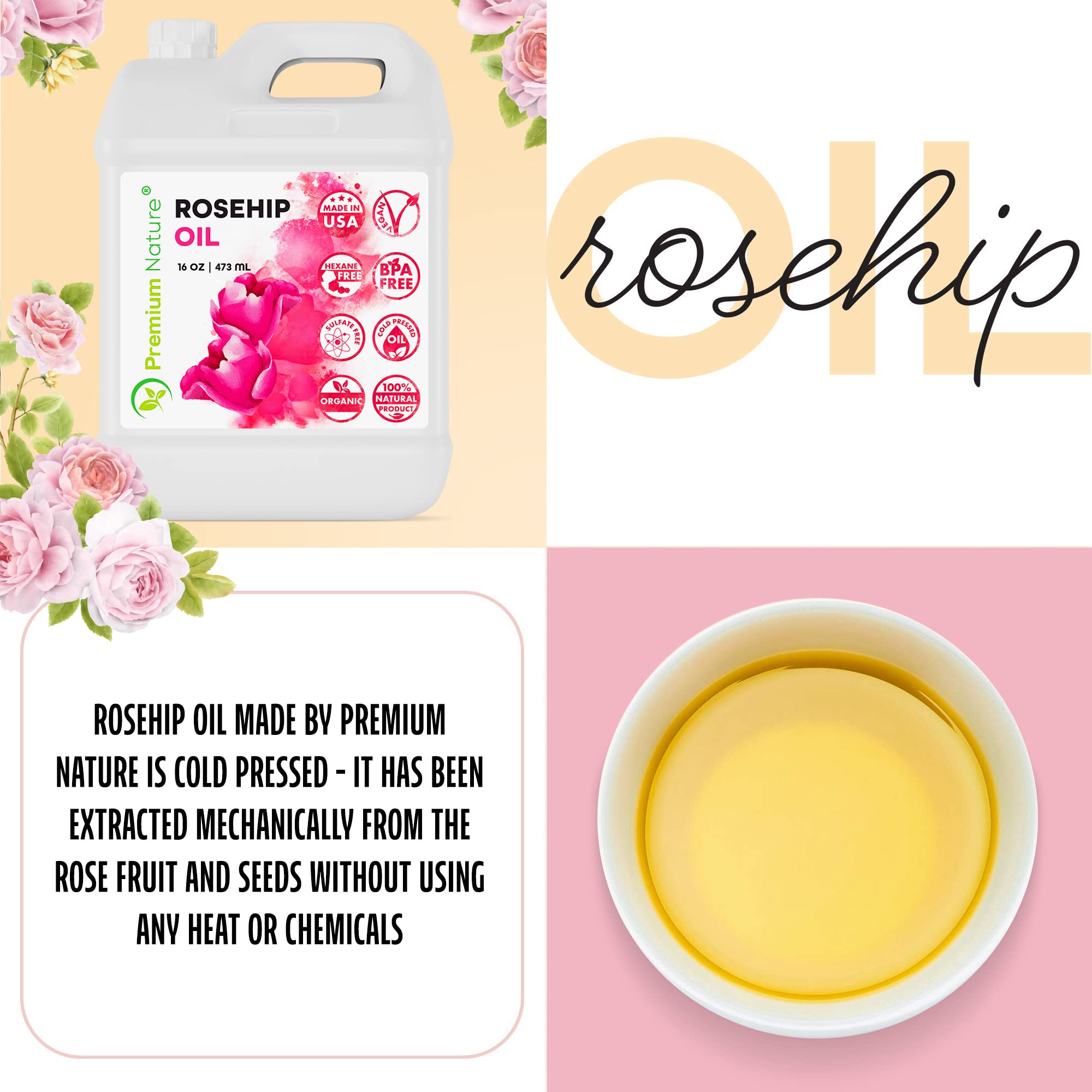 Rosehip Oil for Skin Face Body Hair Nails 16oz Cold Pressed Unrefined Rose Hip Seed Oil Moisturizing Facial Oil Bulk Aceite Rosa Mosqueta Puro 100 Organico Rose Oil For Face Oil For Dry Skin