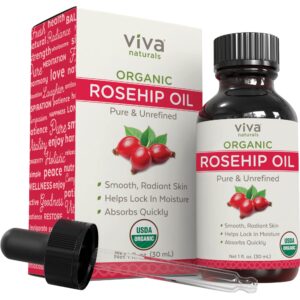 viva naturals organic rosehip seed oil (1 fl oz) - 100% pure, cold pressed moisturizing rose hip oil for face, hair, dry skin & nails, non-gmo