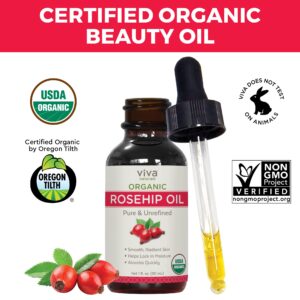 Viva Naturals Organic Rosehip Seed Oil (1 fl oz) - 100% Pure, Cold Pressed Moisturizing Rose hip Oil for Face, Hair, Dry Skin & Nails, Non-GMO