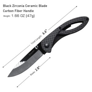 Cool Hand 3.75'' Carbon Fiber Scale Folding Pocket Knife w/ 2.75'' Polished Black Ceramic Blade, Frame Lock, Black Liner