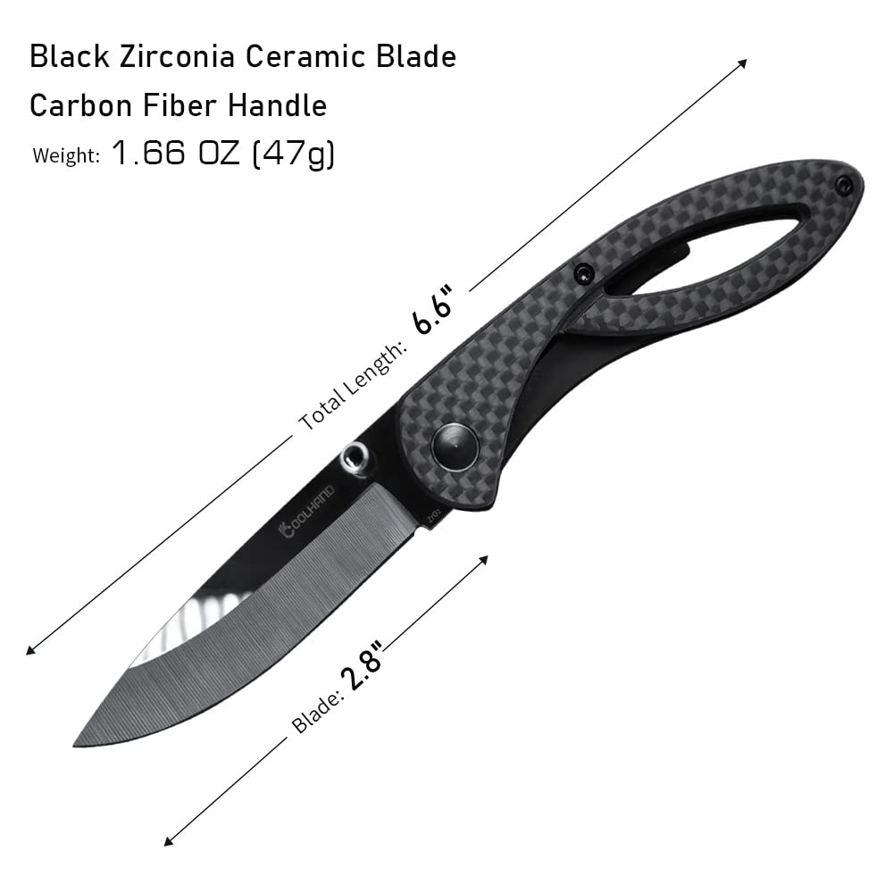 Cool Hand 3.75'' Carbon Fiber Scale Folding Pocket Knife w/ 2.75'' Polished Black Ceramic Blade, Frame Lock, Black Liner