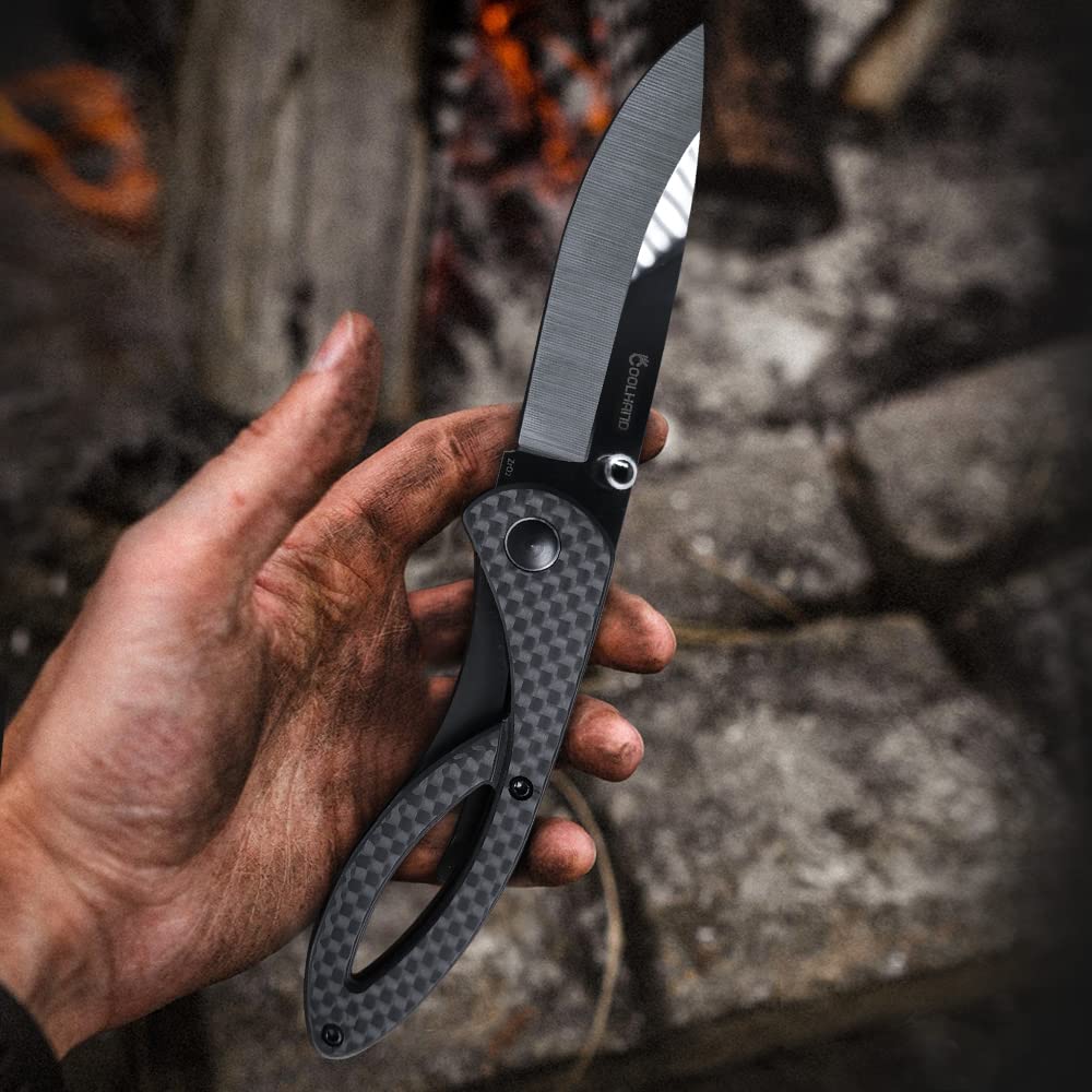 Cool Hand 3.75'' Carbon Fiber Scale Folding Pocket Knife w/ 2.75'' Polished Black Ceramic Blade, Frame Lock, Black Liner