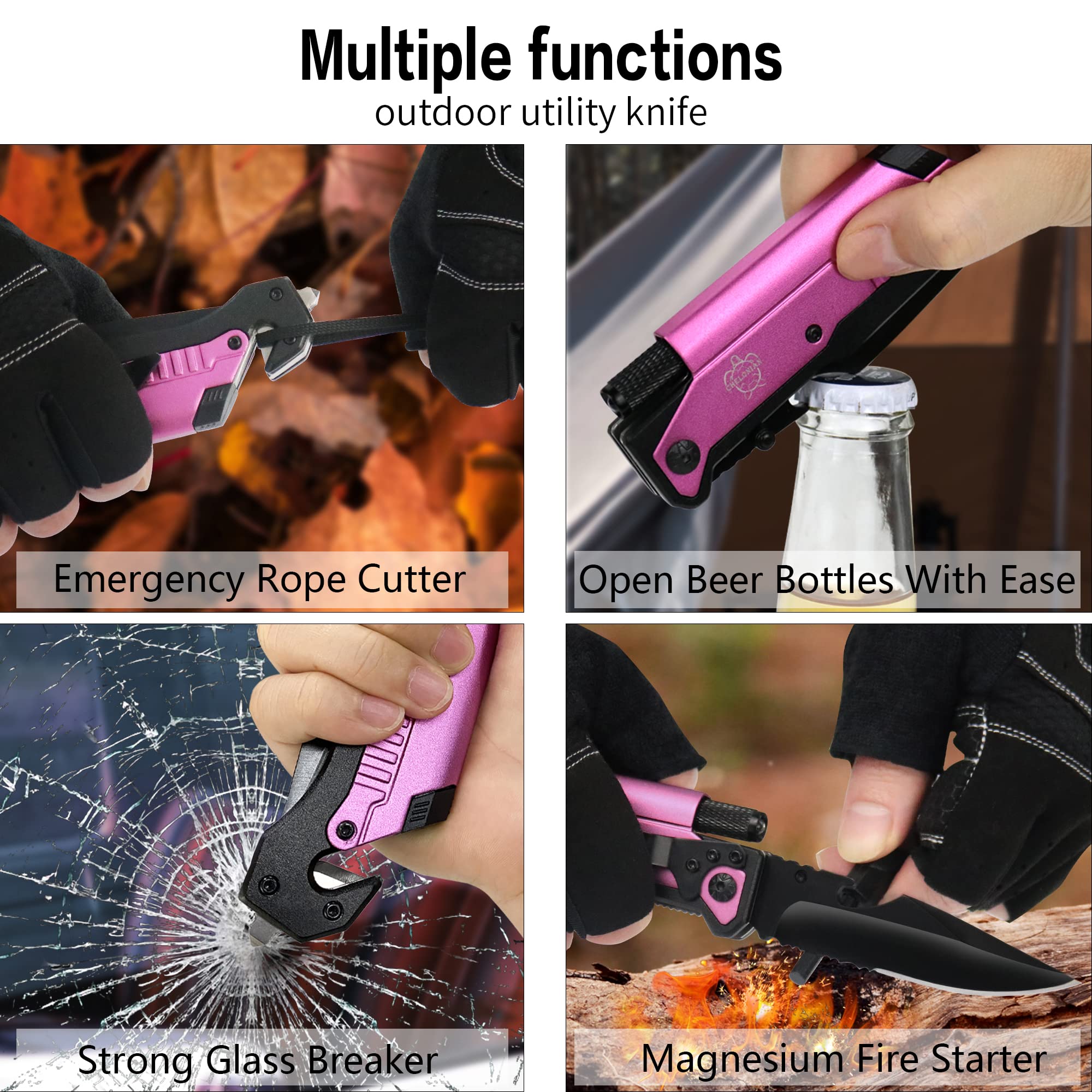 CHELONIAN 8.5" Military Outdoor Hunting Camping Pocket Knife, 7 in 1 Multi-Function Folding Knives with Fire Starter LED Light Seatbelt Cutter Glass Breaker Bottle Opener Tactical Blade (Pink)