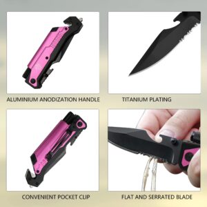 CHELONIAN 8.5" Military Outdoor Hunting Camping Pocket Knife, 7 in 1 Multi-Function Folding Knives with Fire Starter LED Light Seatbelt Cutter Glass Breaker Bottle Opener Tactical Blade (Pink)