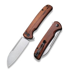 civivi chevalier folding pocket knife, button lock edc knife 3.46" stonewashed 14c28n sheepsfoot blade cuibourtia wood handle, utility knife for hiking camping fishing work outdoor