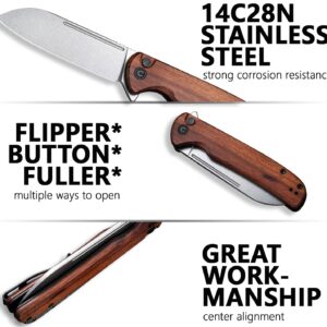 CIVIVI Chevalier Folding Pocket Knife, Button Lock EDC Knife 3.46" Stonewashed 14C28N Sheepsfoot Blade Cuibourtia Wood Handle, Utility Knife for Hiking Camping Fishing Work Outdoor