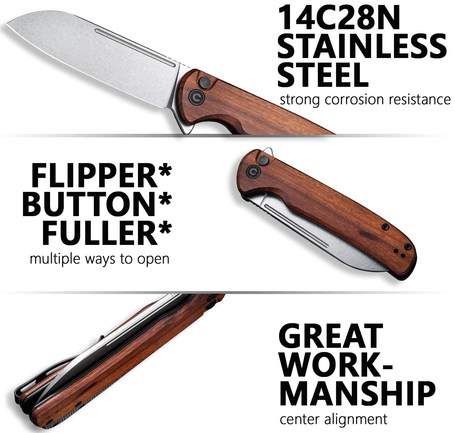 CIVIVI Chevalier Folding Pocket Knife, Button Lock EDC Knife 3.46" Stonewashed 14C28N Sheepsfoot Blade Cuibourtia Wood Handle, Utility Knife for Hiking Camping Fishing Work Outdoor