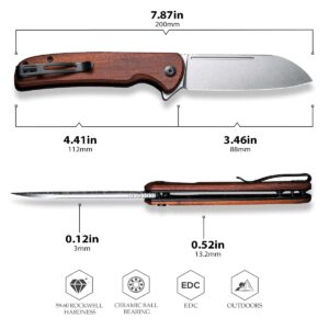 CIVIVI Chevalier Folding Pocket Knife, Button Lock EDC Knife 3.46" Stonewashed 14C28N Sheepsfoot Blade Cuibourtia Wood Handle, Utility Knife for Hiking Camping Fishing Work Outdoor