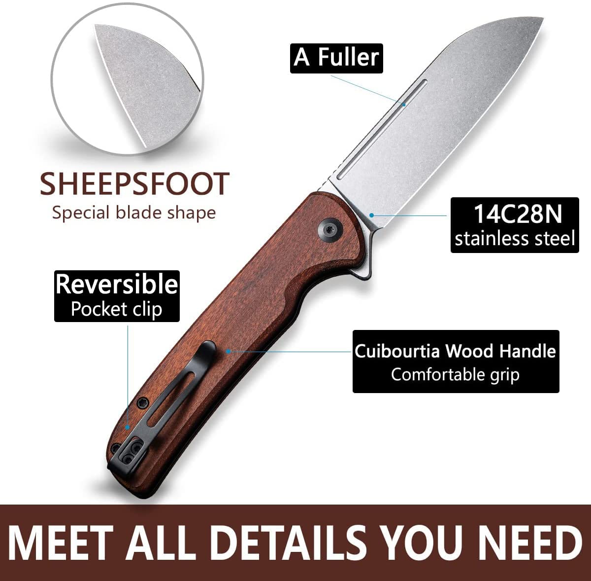 CIVIVI Chevalier Folding Pocket Knife, Button Lock EDC Knife 3.46" Stonewashed 14C28N Sheepsfoot Blade Cuibourtia Wood Handle, Utility Knife for Hiking Camping Fishing Work Outdoor