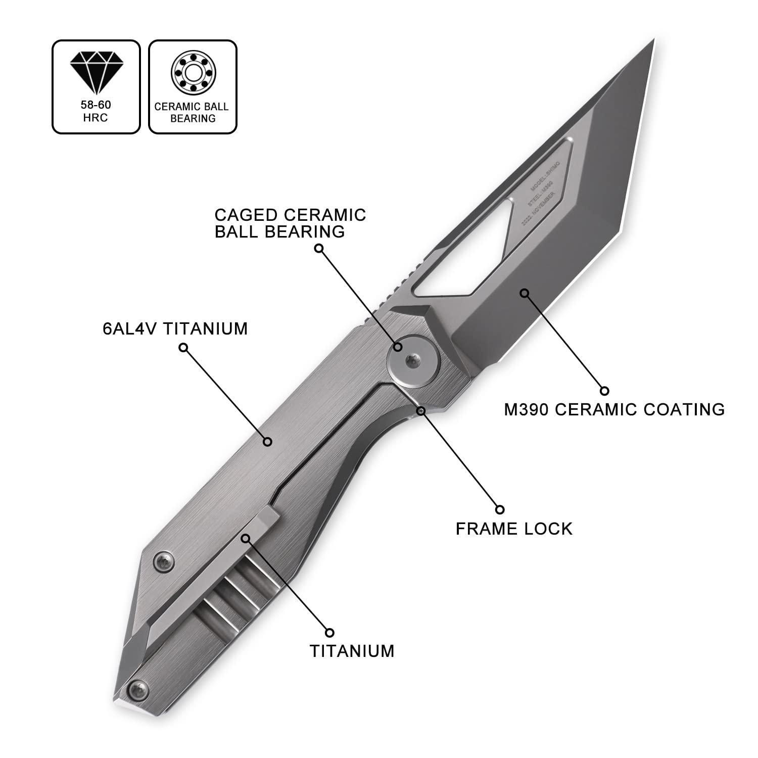 Cavol Knife Shimo Folding Knife,2.56" M390 Ceramic Coated Pocket Knife,3.86" Titanium Frame Lock Thumb Hole & Front Flipper Knife,2.91oz EDC Knife for Outdoor Camping Grey