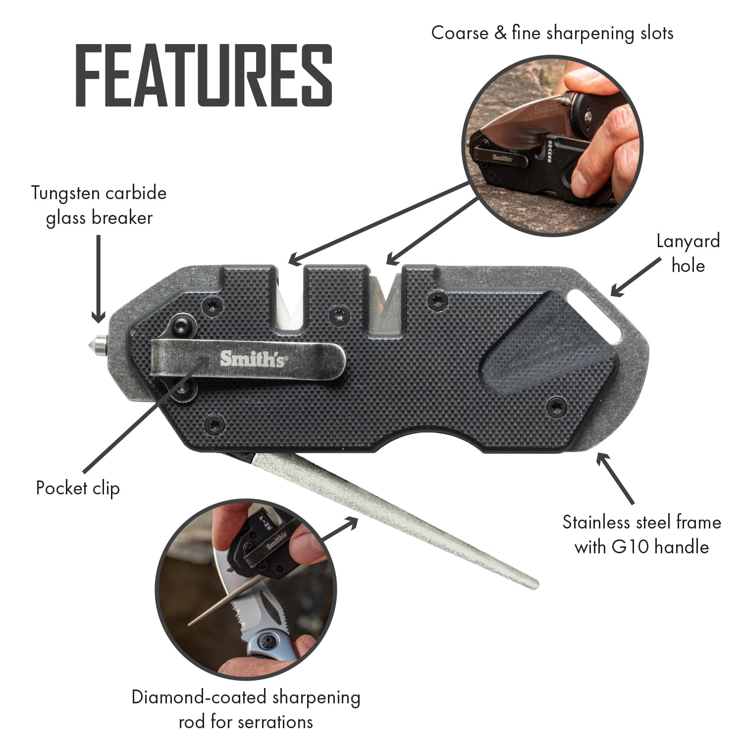 Smith’s 50979 Pocket Pal Tactical Knife Sharpener - Black - 2 Stage Sharpener & Diamond Sharpening Rod - Pocket Clip - Outdoor Hunting Knife & Hook Sharpener - Compact & Lightweight