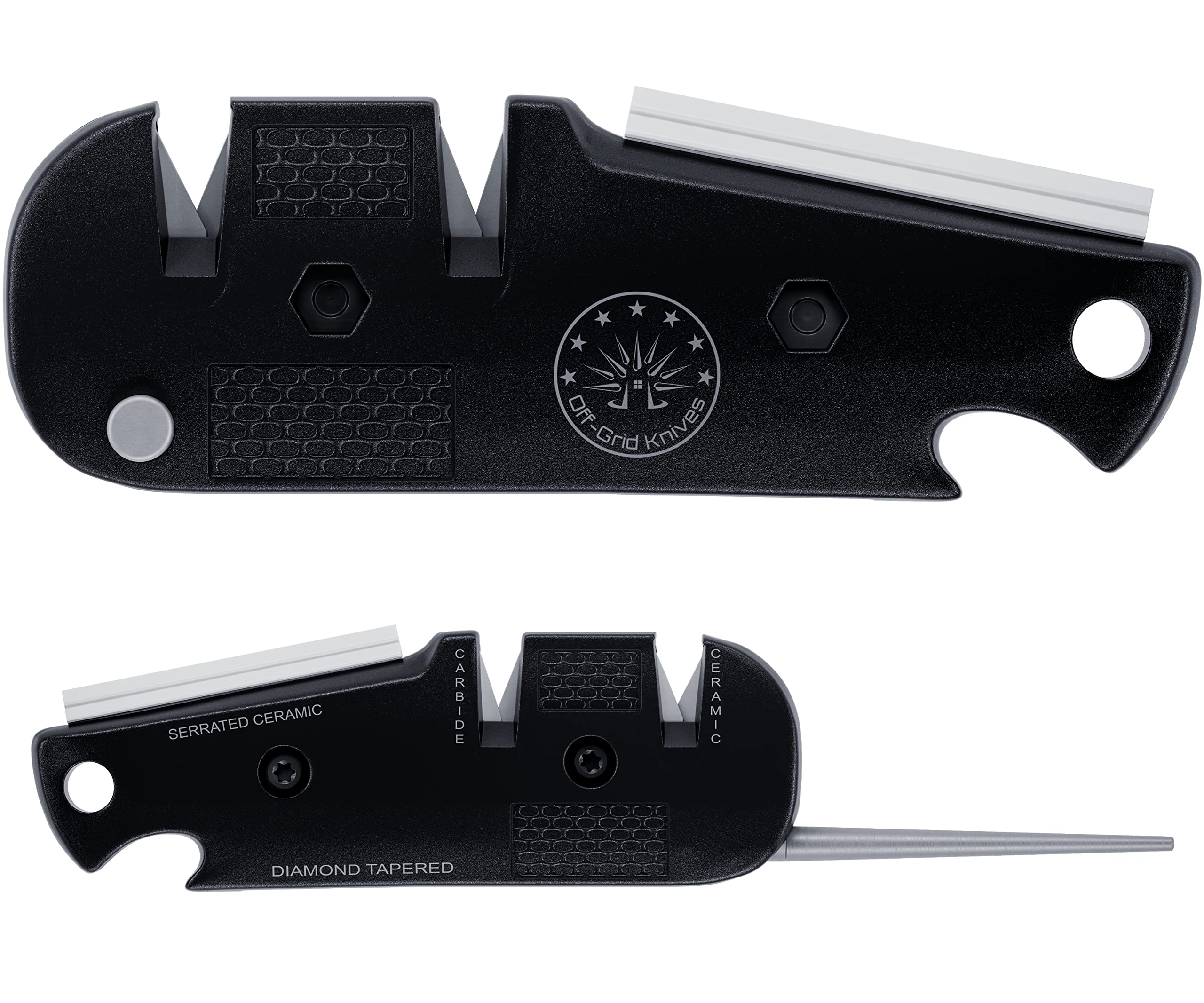 Off-Grid Knives - EDC Knife Sharpener, Compact 5-In-1 Sharpening Tool for Hunting, Camping, Fishing, Bug Out Bag, Tool Box, Kitchen Knives and Sharpen Fishing Hooks (Black)