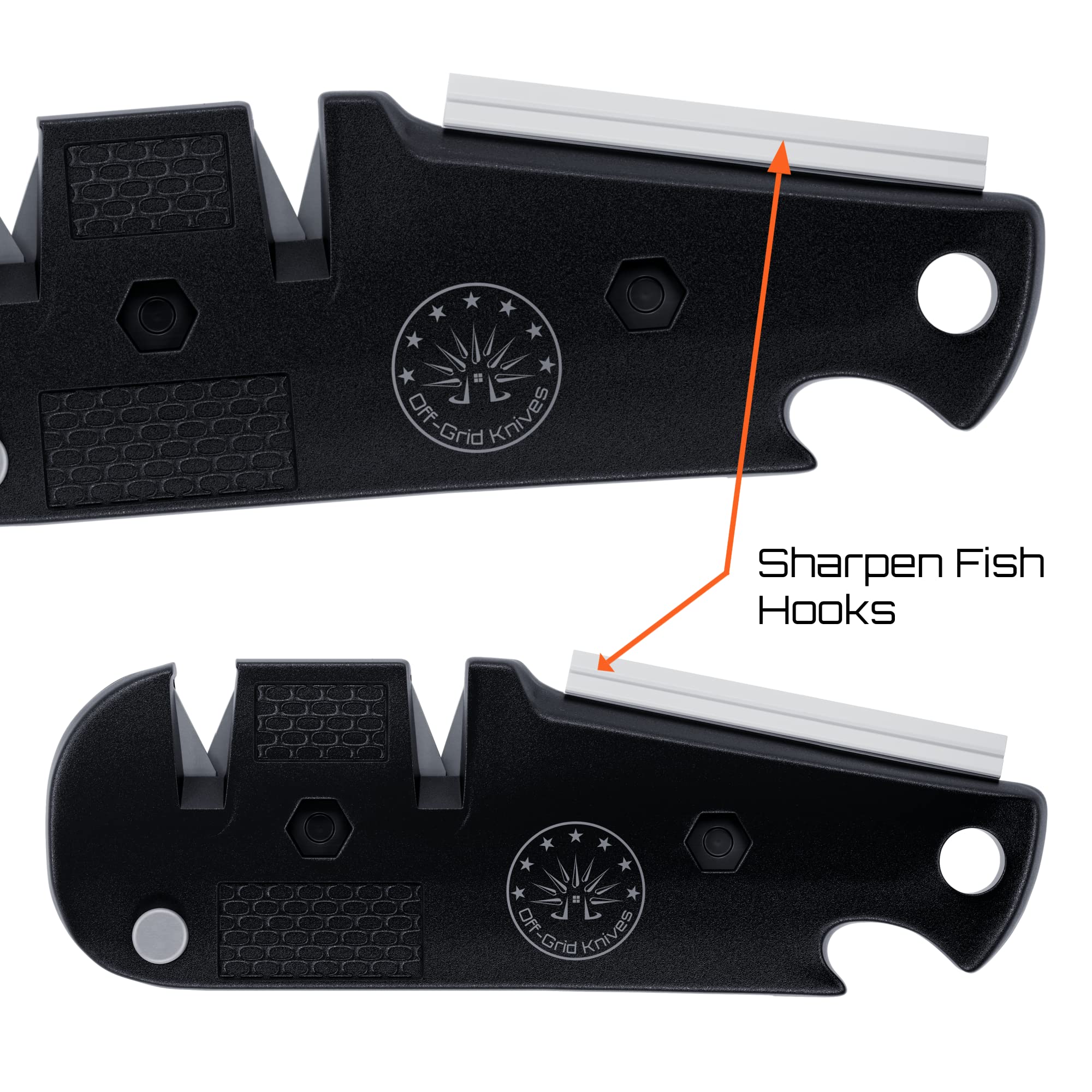 Off-Grid Knives - EDC Knife Sharpener, Compact 5-In-1 Sharpening Tool for Hunting, Camping, Fishing, Bug Out Bag, Tool Box, Kitchen Knives and Sharpen Fishing Hooks (Black)