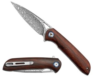 trivisa handmade folding hunting knife，3.5in 110 layers damascus steel liner lock rosewood handle with deep carry pocket clip&titanium pivot ring,thumb hole flipper opener with ceramic ball bearing edc knives for men，sgr-01