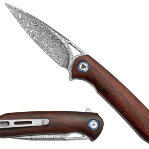 TRIVISA Handmade Folding Hunting Knife，3.5in 110 Layers Damascus Steel Liner Lock Rosewood Handle with Deep Carry Pocket Clip&Titanium Pivot Ring,Thumb Hole Flipper Opener with Ceramic Ball Bearing EDC Knives for Men，Sgr-01