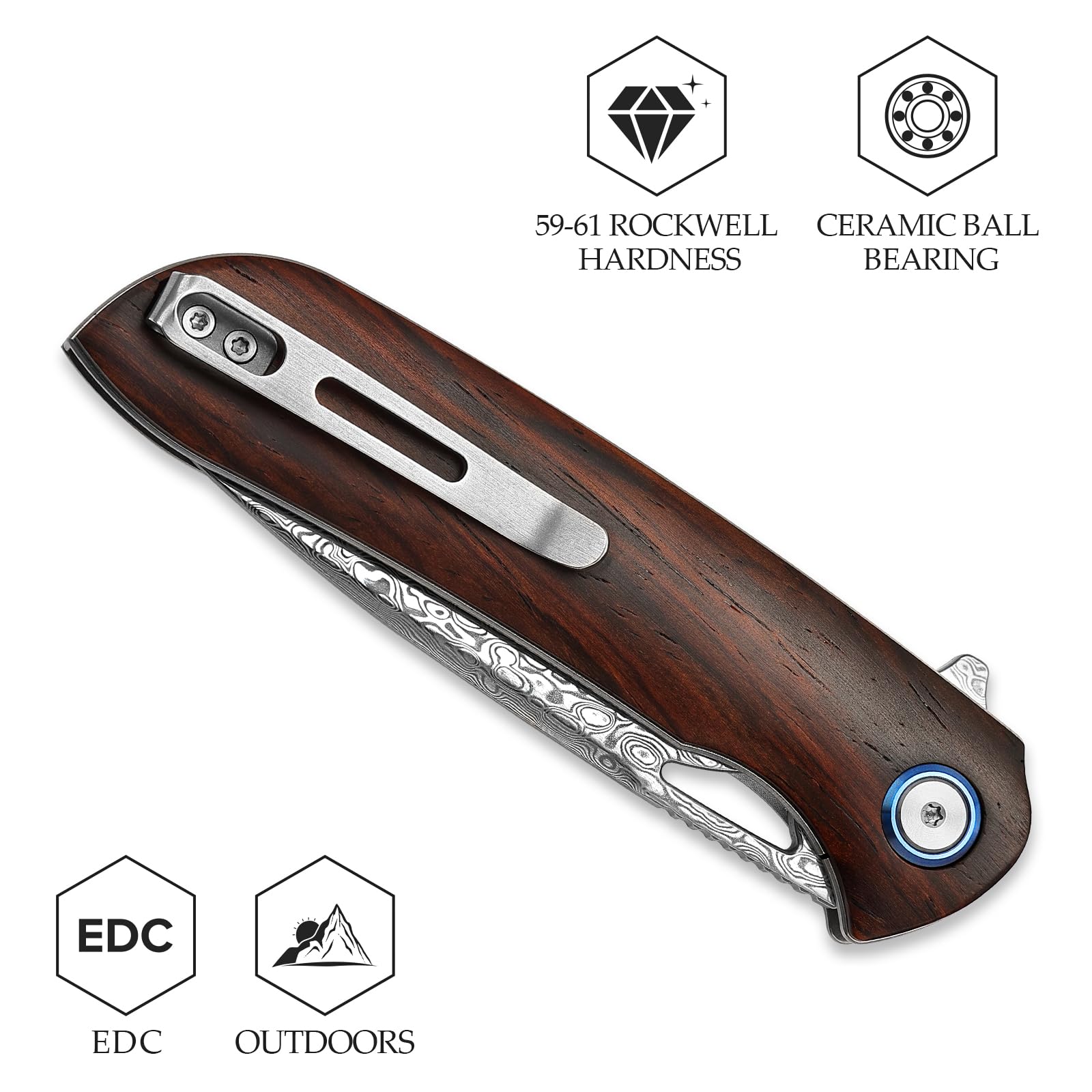 TRIVISA Handmade Folding Hunting Knife，3.5in 110 Layers Damascus Steel Liner Lock Rosewood Handle with Deep Carry Pocket Clip&Titanium Pivot Ring,Thumb Hole Flipper Opener with Ceramic Ball Bearing EDC Knives for Men，Sgr-01