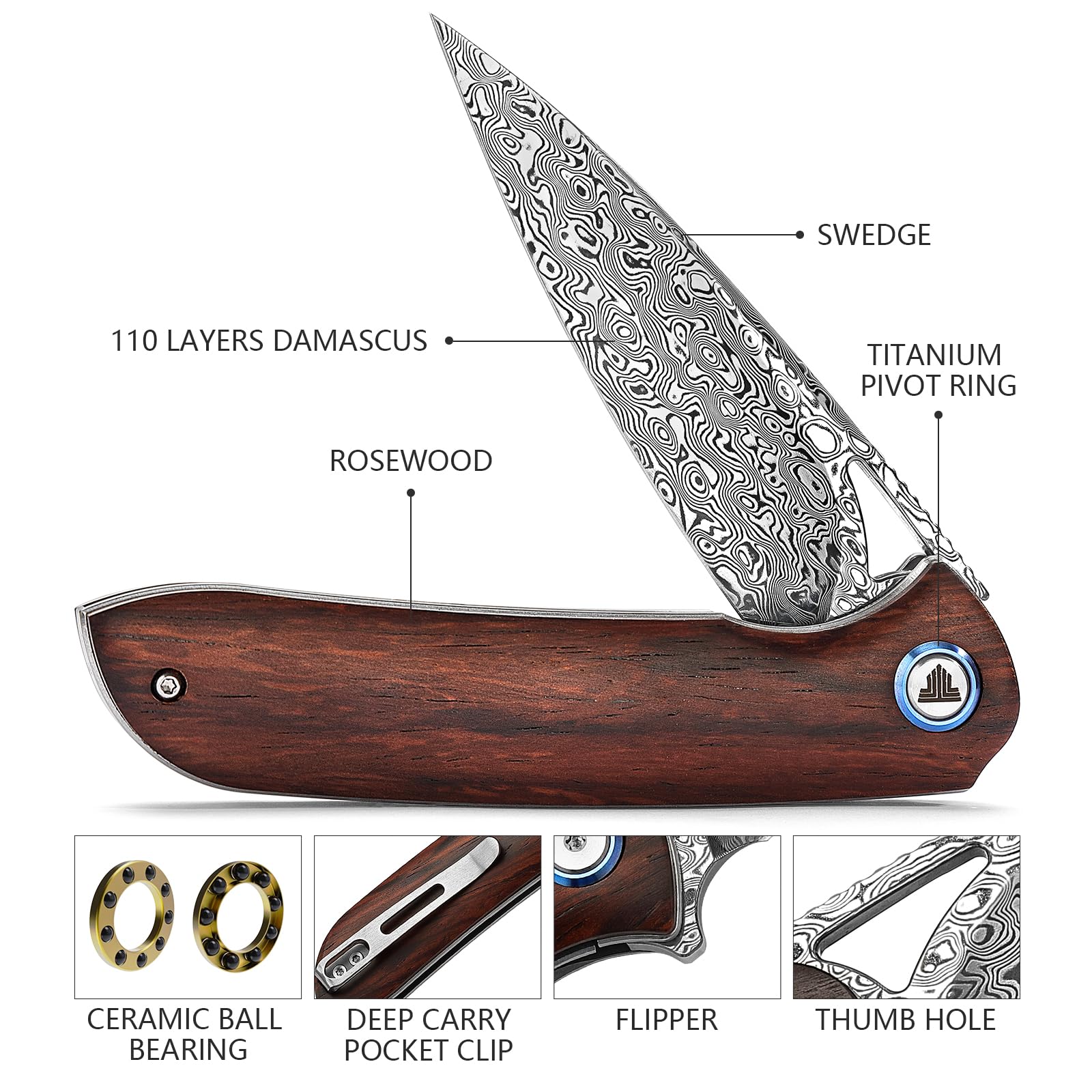 TRIVISA Handmade Folding Hunting Knife，3.5in 110 Layers Damascus Steel Liner Lock Rosewood Handle with Deep Carry Pocket Clip&Titanium Pivot Ring,Thumb Hole Flipper Opener with Ceramic Ball Bearing EDC Knives for Men，Sgr-01