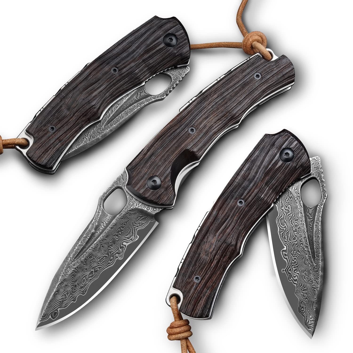 SPIRIT DEED Folding Knife 3in Handmade VG 10 Damascus Steel Knife Pocket Knife, Leather Case, Ebony Handle, with Padded Lock, Suitable for Outdoor Camping Fishing and Carrying Knives