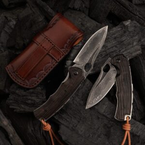 SPIRIT DEED Folding Knife 3in Handmade VG 10 Damascus Steel Knife Pocket Knife, Leather Case, Ebony Handle, with Padded Lock, Suitable for Outdoor Camping Fishing and Carrying Knives