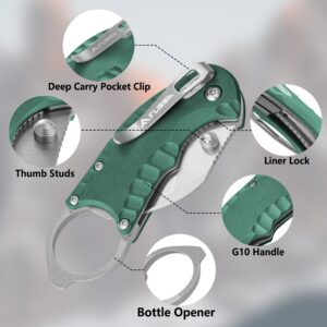 FLISSA 4" Small Folding Pocket Knife, Lightweight Utility Knife, Green G10 Handle, EDC Pocket Knife with 8Cr13MoV Steel Blade, Carry Pocket Clip, Bottle Opener and Flat Head Screwdriver, Liner Lock