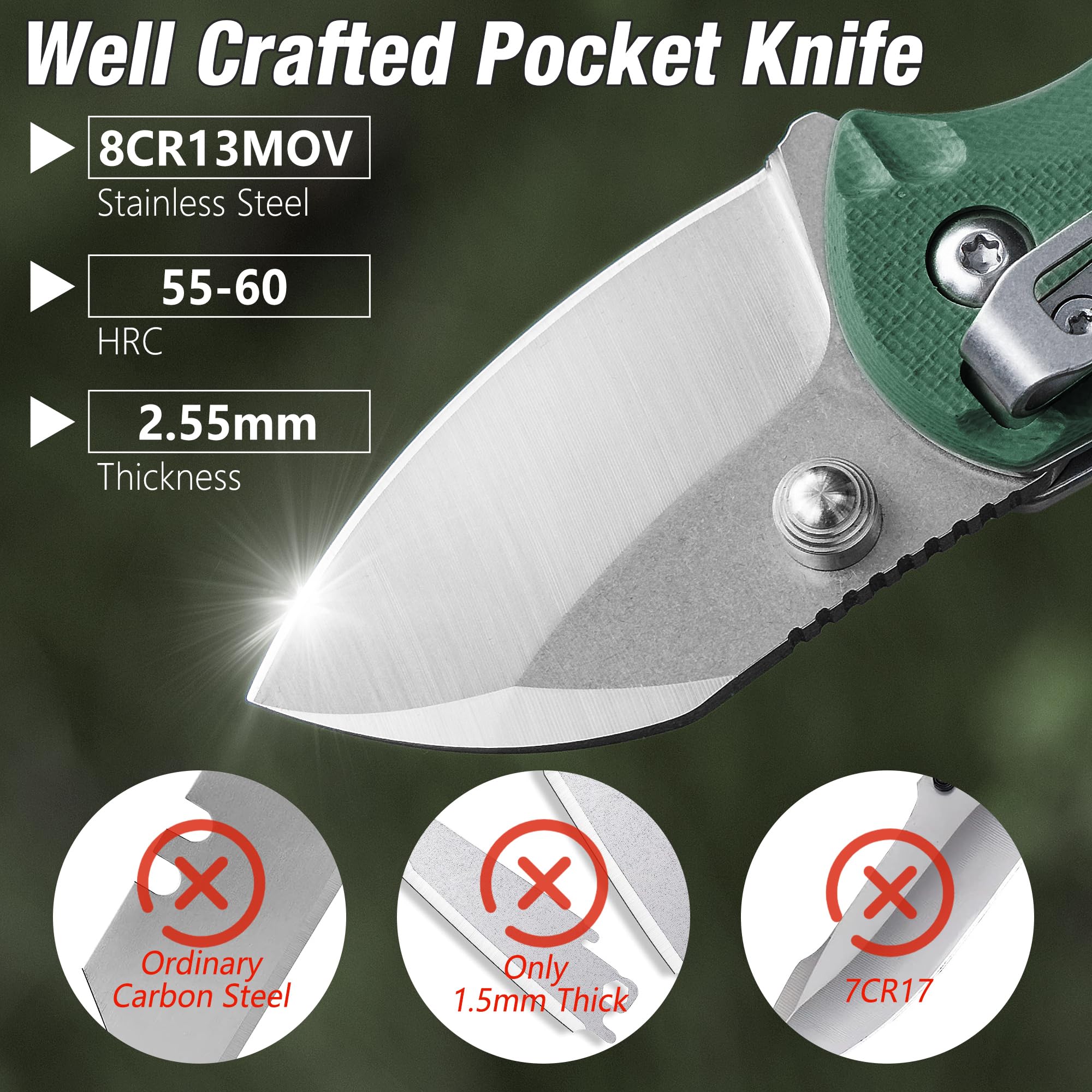 FLISSA 4" Small Folding Pocket Knife, Lightweight Utility Knife, Green G10 Handle, EDC Pocket Knife with 8Cr13MoV Steel Blade, Carry Pocket Clip, Bottle Opener and Flat Head Screwdriver, Liner Lock