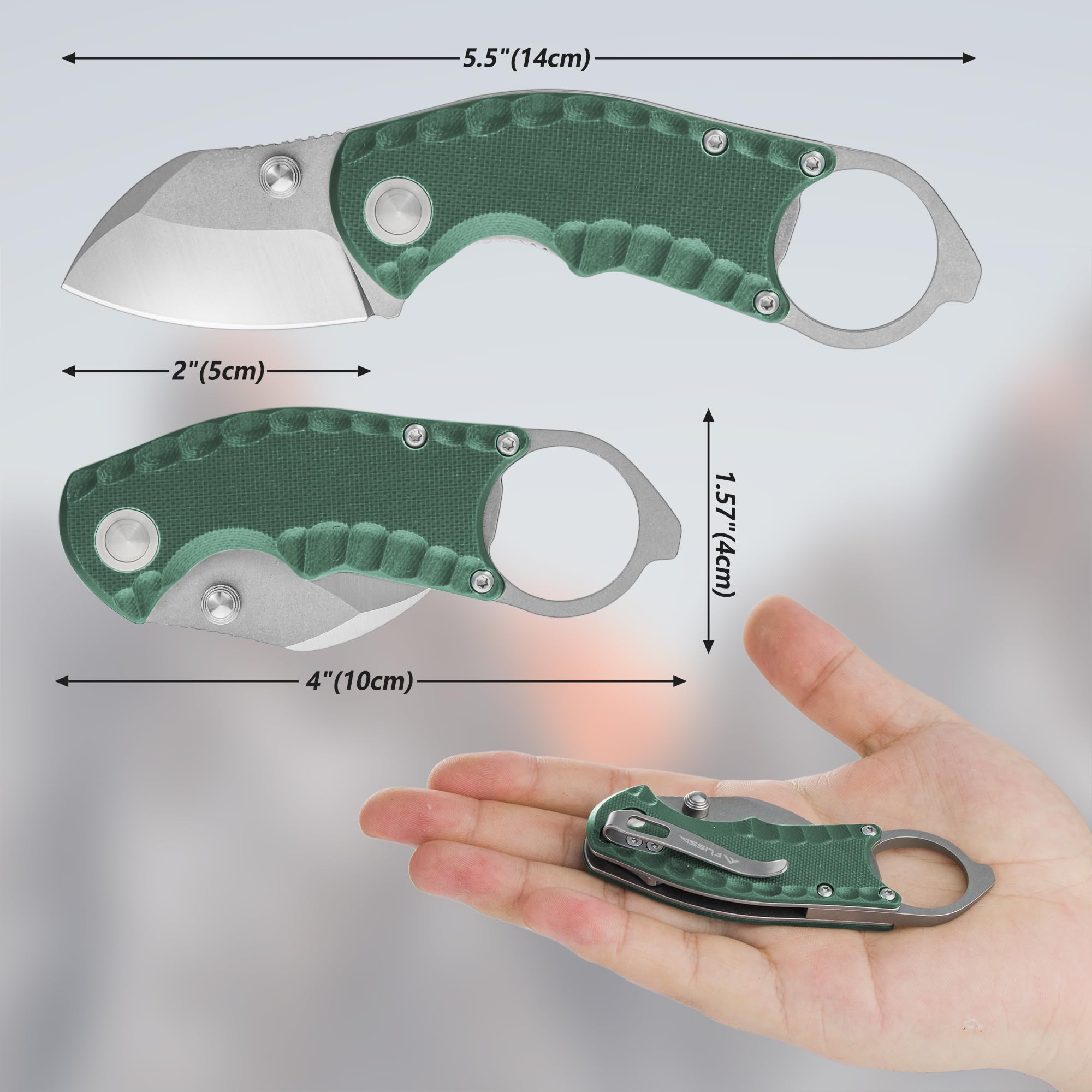 FLISSA 4" Small Folding Pocket Knife, Lightweight Utility Knife, Green G10 Handle, EDC Pocket Knife with 8Cr13MoV Steel Blade, Carry Pocket Clip, Bottle Opener and Flat Head Screwdriver, Liner Lock