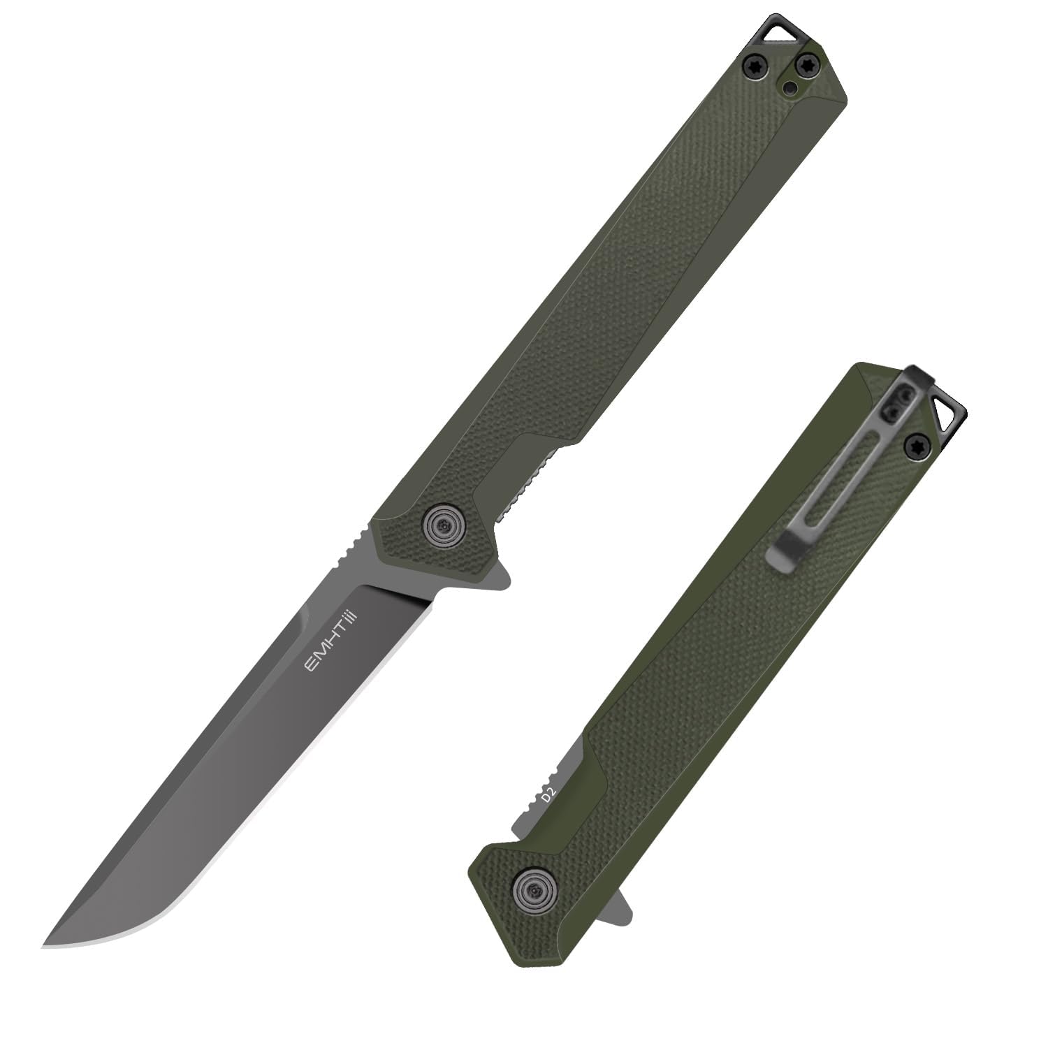 EMHiii Flipper Pocket Folding Knife: 3.54" D2 Steel Black Blade, G10 Scales, Slim EDC Knives with Reversible Deep Clip for Men and Women，Green