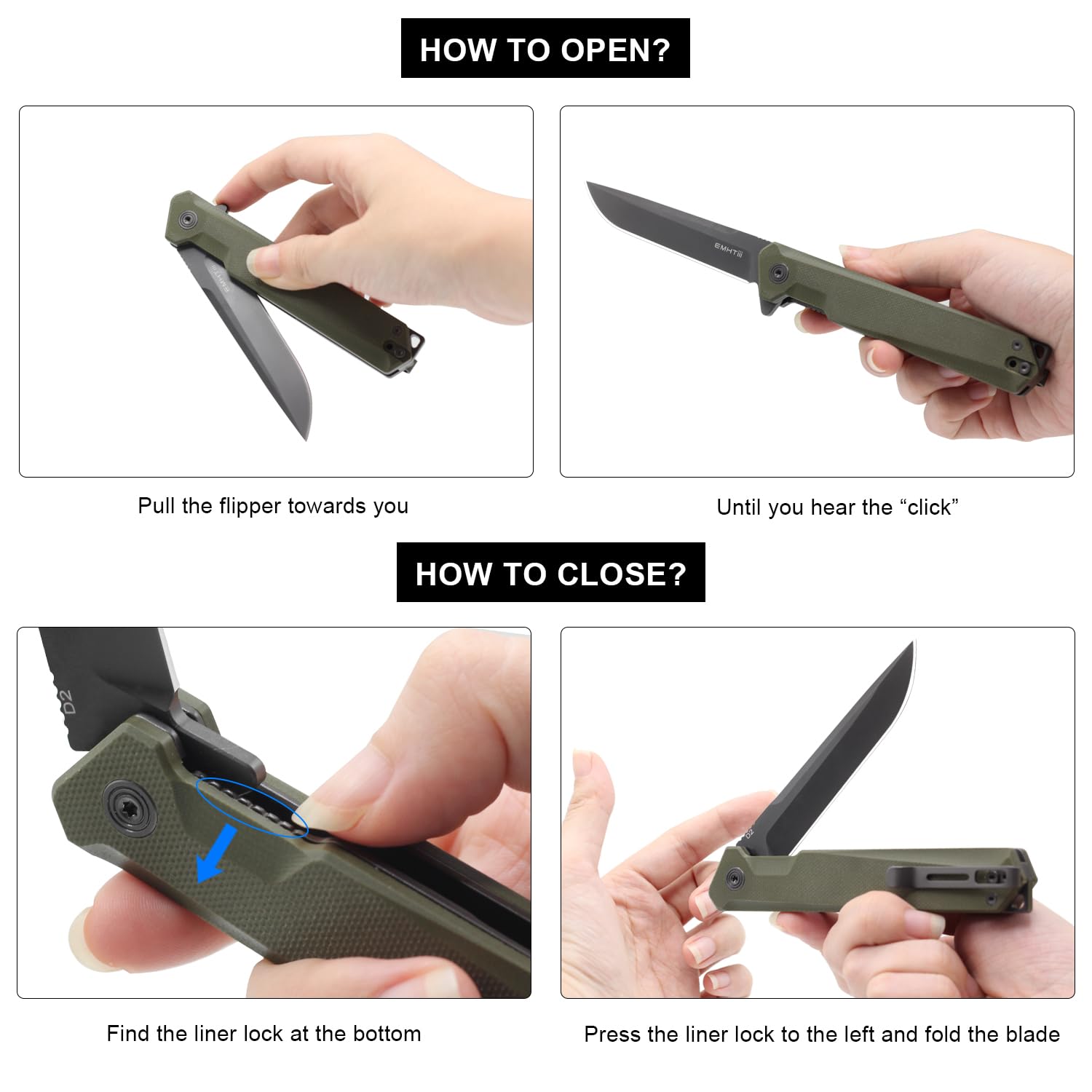 EMHiii Flipper Pocket Folding Knife: 3.54" D2 Steel Black Blade, G10 Scales, Slim EDC Knives with Reversible Deep Clip for Men and Women，Green