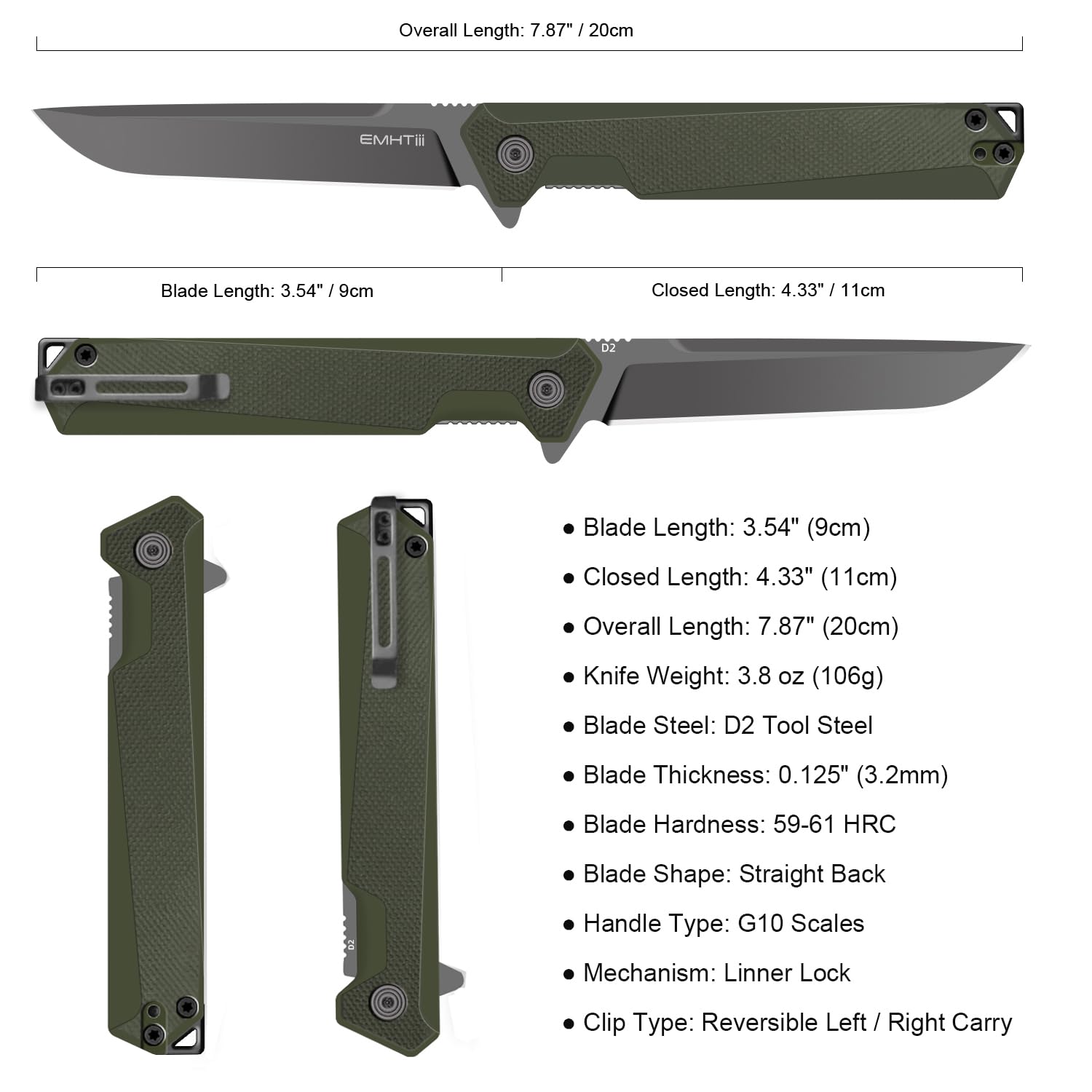 EMHiii Flipper Pocket Folding Knife: 3.54" D2 Steel Black Blade, G10 Scales, Slim EDC Knives with Reversible Deep Clip for Men and Women，Green