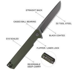 EMHiii Flipper Pocket Folding Knife: 3.54" D2 Steel Black Blade, G10 Scales, Slim EDC Knives with Reversible Deep Clip for Men and Women，Green