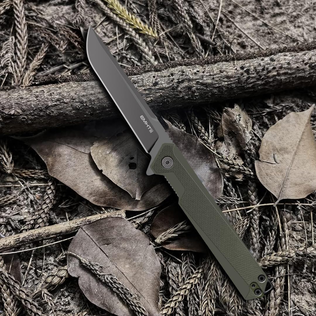 EMHiii Flipper Pocket Folding Knife: 3.54" D2 Steel Black Blade, G10 Scales, Slim EDC Knives with Reversible Deep Clip for Men and Women，Green