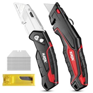 kata 2-pack heavy dudy utility knife box cutter retractable blade folding knife set, 10pcs sk5 sharp blades in case for box, cardboard and carton