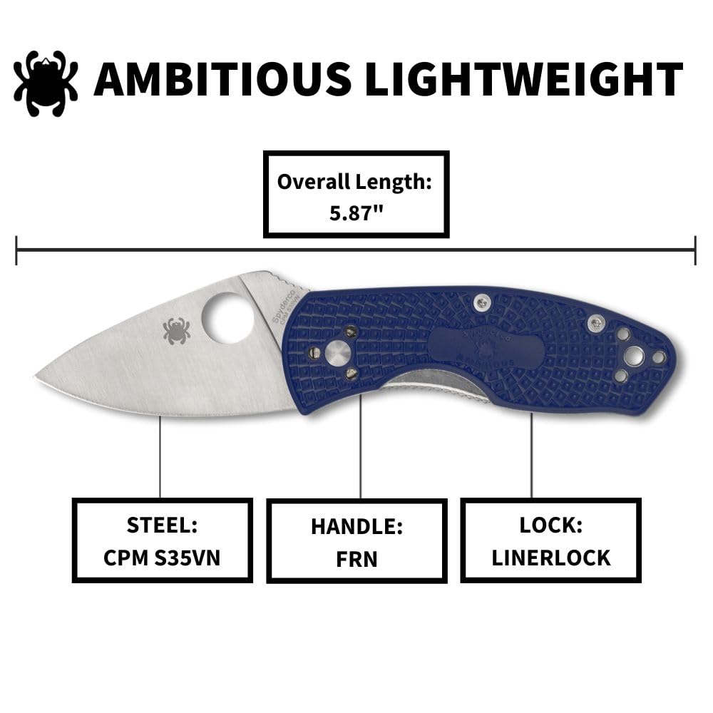 Spyderco Ambitious Lightweight Pocket Knife - SpyderEdge Stainless Steel Blade with Blue Bi-Directional Textured FRN Handle - An Everyday Carry Folding Knife - C148SBK