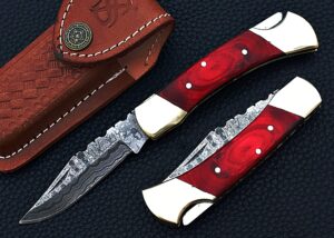 smart & sharp custom handmade damascus steel folding knife/pocket knife ar-17394 (red colored wood) (red)